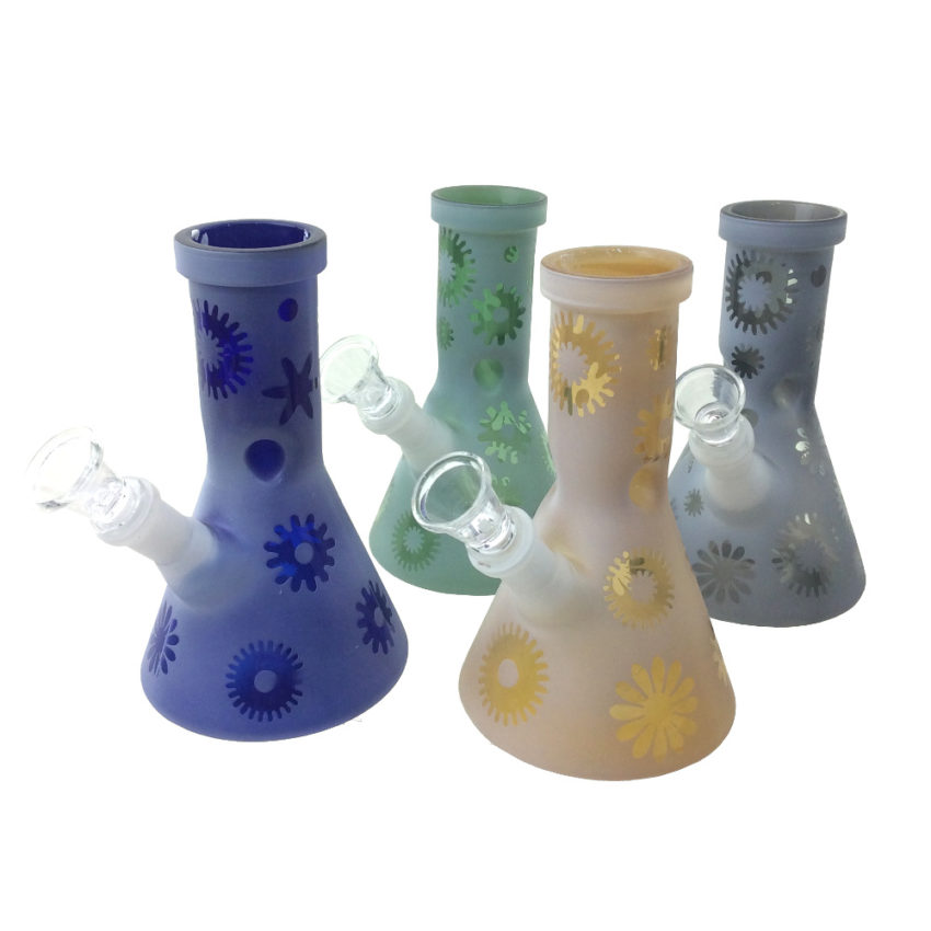 6 INCH FROSTED COGS AND FLOWERS BEAKER WATER PIPE
