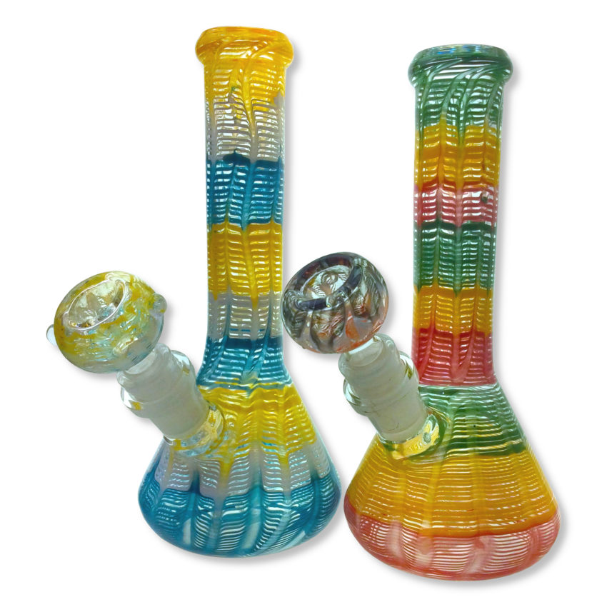 8 INCH FANCY SWIRL GLASS ON GLASS BEAKER WATER PIPE